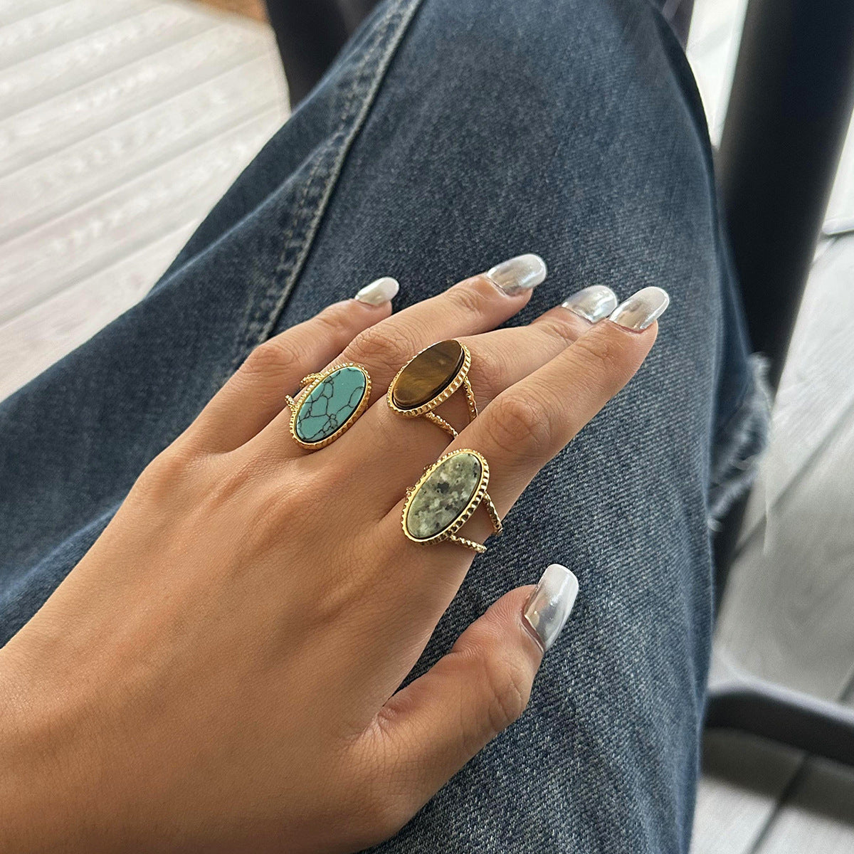 Oval Natural Stone Adjustable Rings